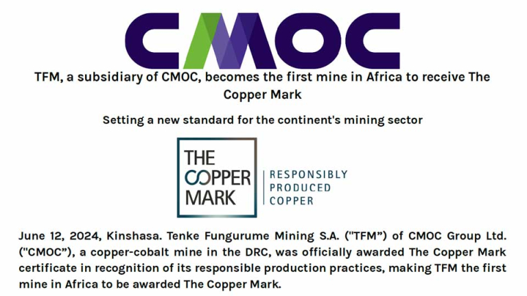 Le chinois CMOC certifié The Copper Mark pour ses opérations en RDC
